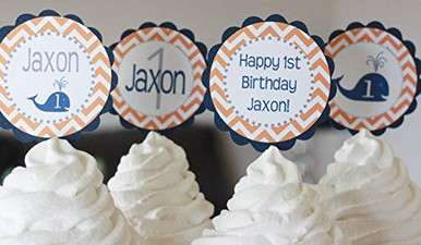 12 - Whale Nautical Orange and Navy Blue Chevron Birthday Cupcake ...