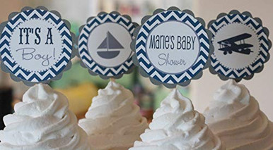 12 - Vintage Airplane Bi Plane or Sailboat Navy Blue and Grey Chevron ...