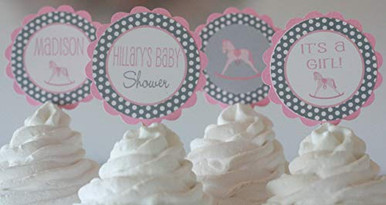 12 - Rocking Horse Theme Shower Cupcake Toppers - Light Pink and Grey ...