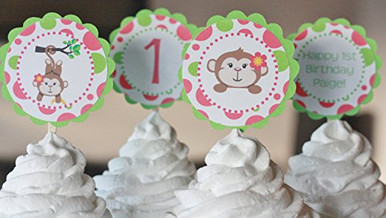 12 - Monkey Hot Pink and Lime Green Polka Dot Happy Birthday Cupcake ...