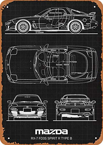 Wanfst Vintage Look Metal Sign - Sports Car Blueprints Mazda RX7 FD3S ...