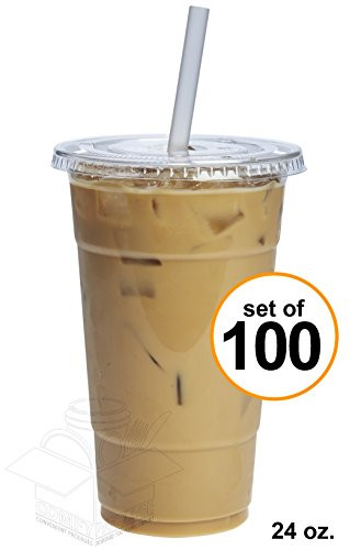 COMFY PACKAGE 100 Sets 24 oz. Plastic CRYSTAL CLEAR Cups with Flat Lids ...