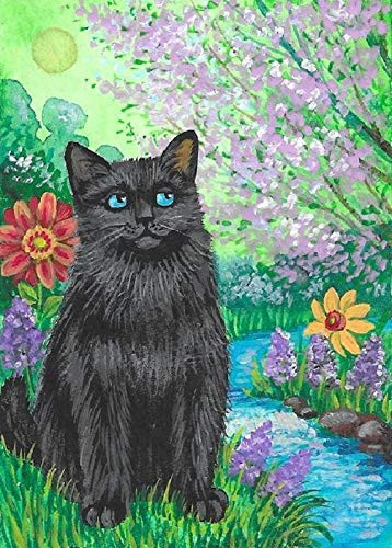 5x7 INCH PRINT OF ORIGINAL PAINTING BLACK CAT SPRING LANDSCAPE GARDEN ...