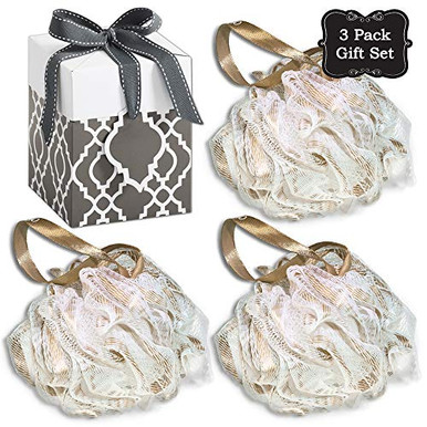Luxury Loofah Bath Sponge w Gold Ribbon and Comfort Mesh -3 Pack Gift ...