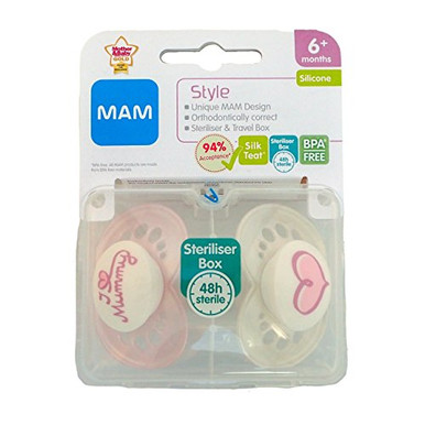 MAM Style - I Love Mummy Soother Twin Pack - 6m Plus -Pink ...