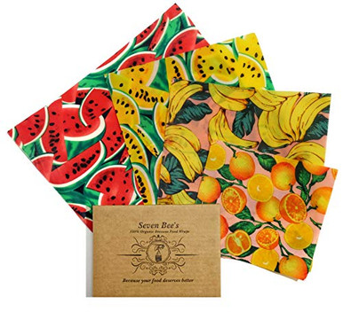 Beeswax Food Wrap by Seven Bee's, Set of 4 Fruit print (1 Large, 2 ...