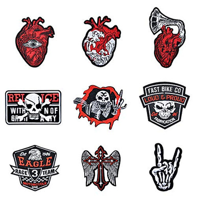 Iron on Patches-9 PCS Anatomical Red Heart Punk Roll Skull Eagle Cross ...