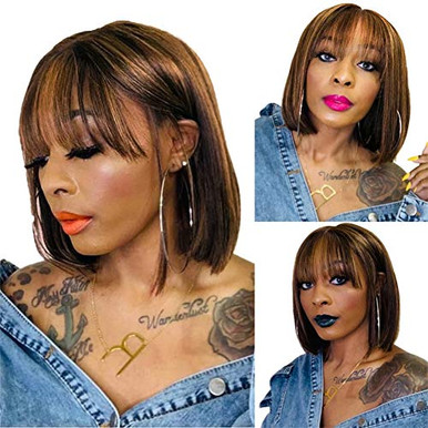 Short Bob Wigs Straight Highlight 12 inch Synthetic Hair Wigs with Flat ...