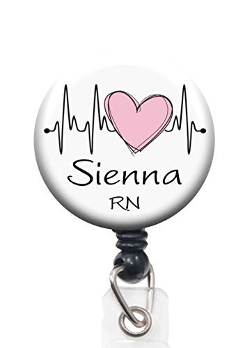 Pink EKG Heart Badge Reel - Retractable Lanyard ID Holder Personalized ...