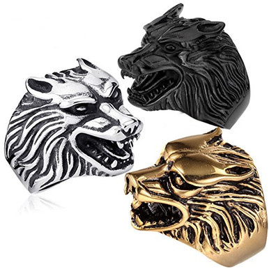 Stainless Steel Roaring Wolf Werewolf Head Mens Ring Black Vintage ...