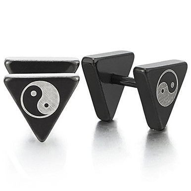 Mens Black Triangle Stud Earrings with Yin-Yang Stainless Steel Cheater ...