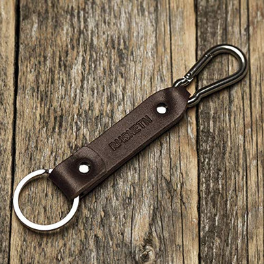 Brown leather key chain stainless steel carabiner hook custom text ...