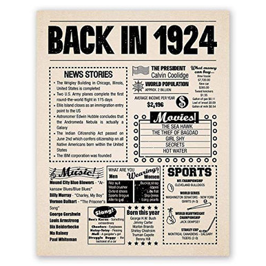11x14 1924 Birthday Gift Back in 1924 Newspaper Poster 97th Birthday ...