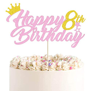 Happy 8th Birthday Cake Topper Gold and Pink Glitter Eight Birthday ...