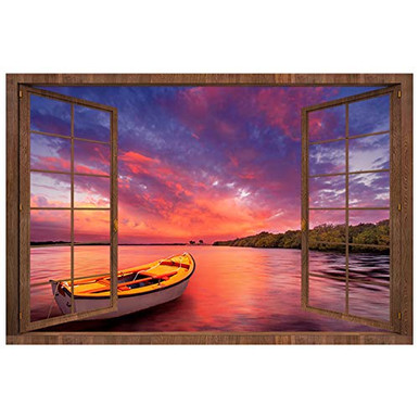 DNVEN 28 inches x 20 inches 3D Fake Wood Window Sunset Boat Seaside ...