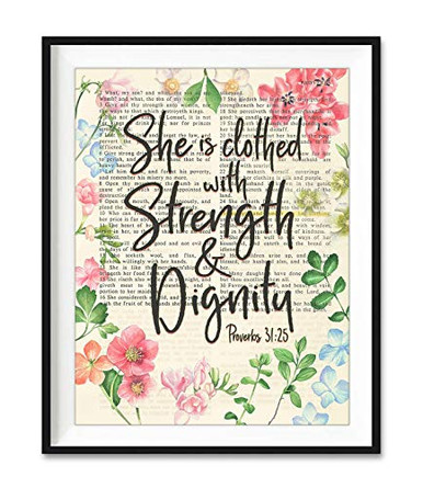 Vintage Bible Page Verse Scripture - She is Clothed with Strength and ...