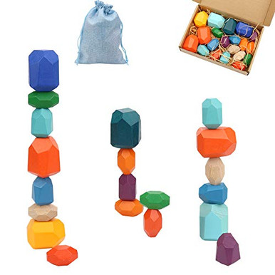 20 PCS Wooden Rocks Balance Stones Building Blocks Set Colored Wood ...