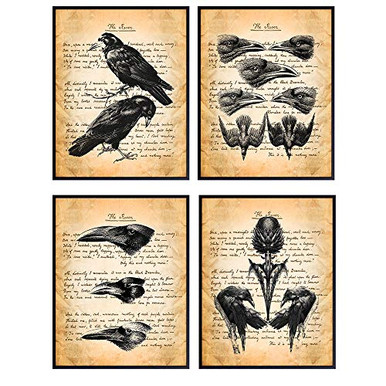 Goth Gothic Edgar Allan Poe The Raven Poem Wall Art Decor Set - Rustic ...