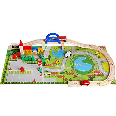 BESTAMTOY 40 PCs Wooden Ramp Flyover Tracks Car Train Set Rail Overpass ...