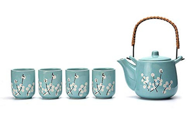 Mayjo Japanese Tea Service Set Teal with White Plum-Flower Ceramic ...