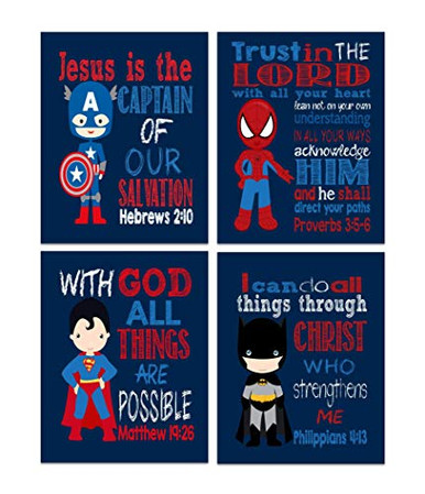 Superhero Christian Nursery Decor Set of 4 Prints - Superman Batman ...