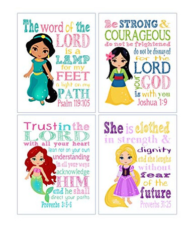 Princess Christian Nursery Decor Set of 4 Prints Jasmine Mulan Ariel ...