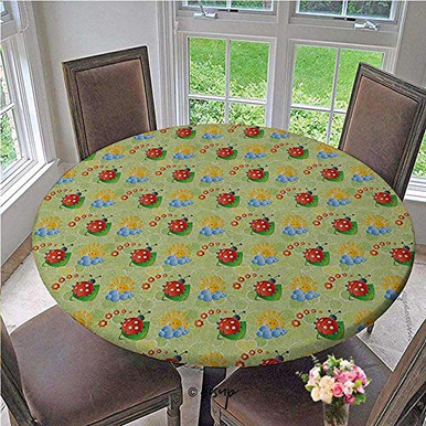 Round Table Cover Happy Smiling Sun with Flowers and Ladybugs Cute ...