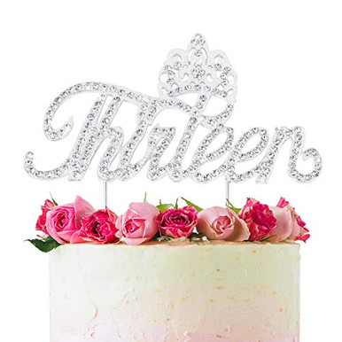 LINGTEER Thirteen Birthday Cake Topper with Crown Sign Silver Bling ...
