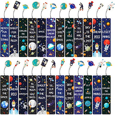 24 Pieces Space Theme Bookmarks with Metal Charms Planet Rocket Space ...