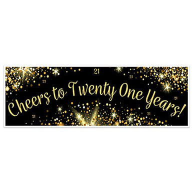 Black And Gold Cheers To Twenty One Years Birthday Banner Party ...