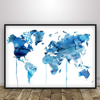 Blue watercolor map of the world Watercolor Map Print World Map Print ...