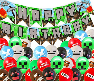 Pixel Party Kit - PRE-STRUNG Happy Birthday Banner - 40 Pixel Balloons ...