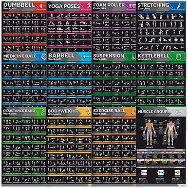 12-Pack Laminated Large Workout Poster Set - Perfect Workout Posters ...