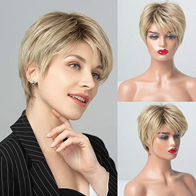 HAIRCUBE Natural Looking Short Blonde Wigs Pixie Cut Dark Root Ombre ...