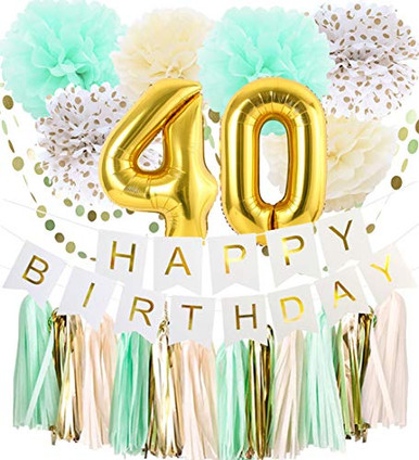 HappyField Mint Cream Gold 40th Birthday Party Decoration with 40 ...