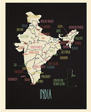 Map of India - India Wall Map Art Poster 11 x 14 Black - Map Art of ...