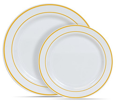 "Select Settings" [60 COUNT] White with Gold Rim Plastic Disposable ...