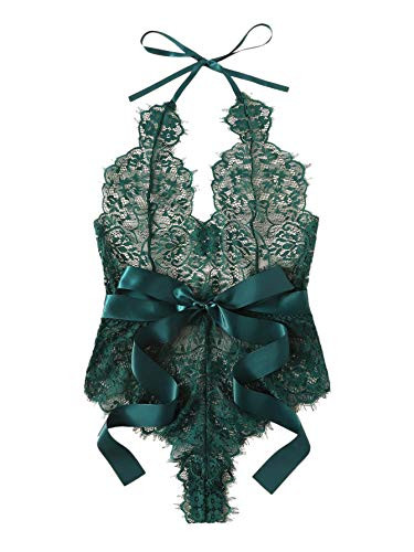 SheIn Womens One Piece Lingerie Sheer Lace Halter Teddy Bodysuit ...