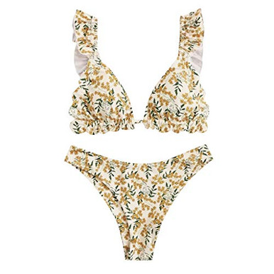 Two Pieces Bikini for Women Ruffle Elegant Flower Print Swimsuit High ...