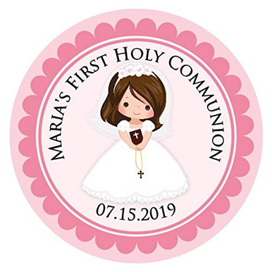 Pink Holy Communion Labels with Sweet Girl Brown Hair Baptism Stickers ...