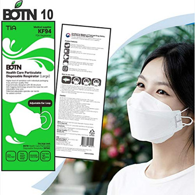 Pack of 10 (BOTN White KF94 Face Mask Made in Korea) Adjustable Strap ...