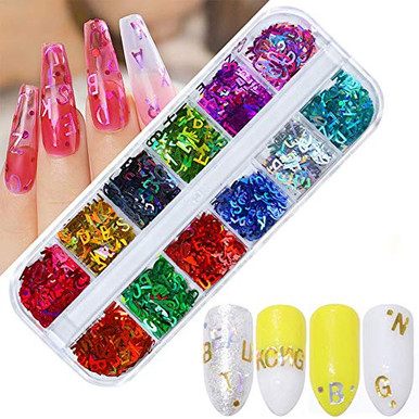 Letter Nail Art Glitter Sequins 3D Laser English Alphabet Nails Supply ...