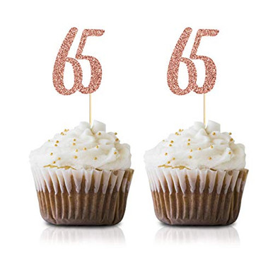 Rose Gold 65th Birthday Cupcake Topper, 24-Pack Number 65 Glitter Happy ...