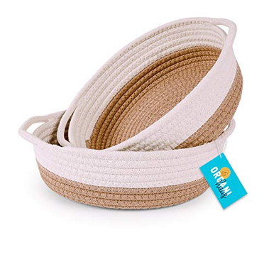 OrganiHaus 2-Pack Round Coiled Cotton Rope Basket Trays with Handles ...
