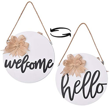 Double Sided Welcome Sign Welcome and Hello Front Door Round Wood Sign ...