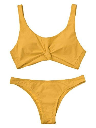ZAFUL Women's Bathing Suit Scoop Knotted High Cut Bikini Set Wide ...