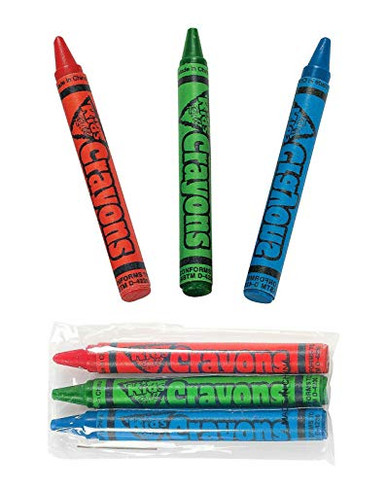 Bulk CellophaneWrapped 3Color Crayons (3 per Pack) 2 3/4 inch. Red/Blue/Green. Nontoxic. (24 ...