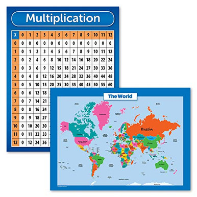 2 Pack - Multiplication Table Poster Orange Blue and World Map Chart ...
