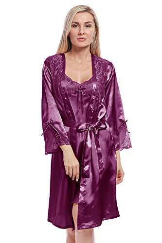 BellisMira Women's Long Satin Robe Silk Robes Lace Satin Robe Bridal ...