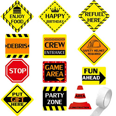 Elcoho 12 Pieces Construction Themed Party Decorations Traffic Signs ...